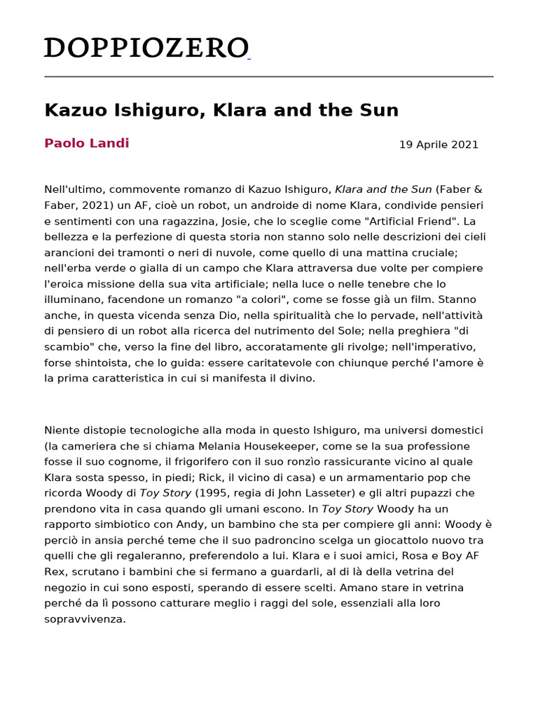 Kazuo Ishiguro Klara and The Sun | PDF