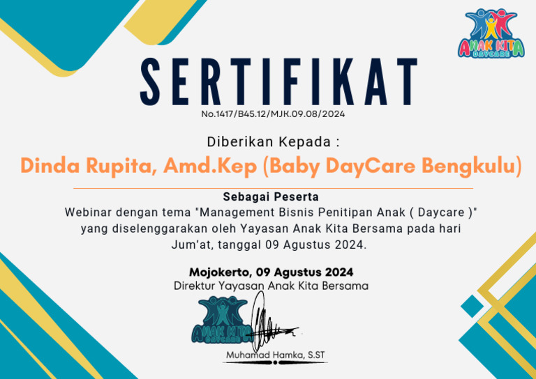 E-Sertifikat - Dinda Rupita, Amd - Kep (Baby DayCare Bengkulu) | PDF