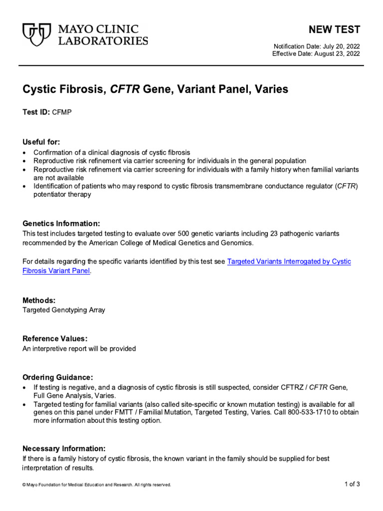 CFMP Cystic Fibrosis CFTR Gene Variant Panel Varies New Test 20220823 | PDF