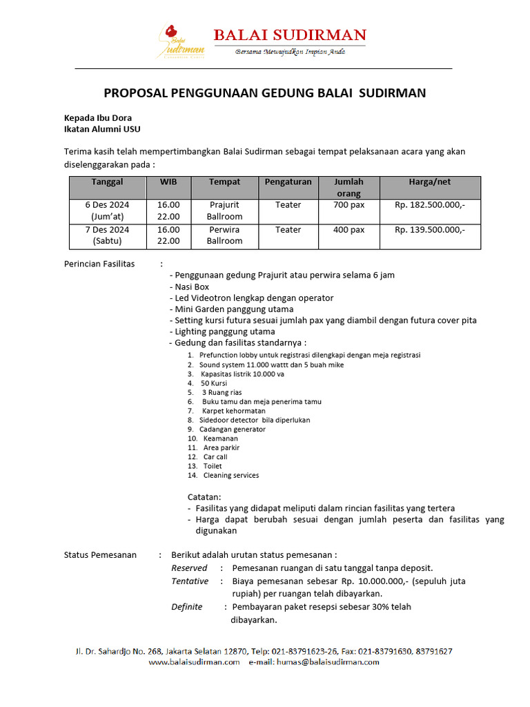Proposal Harga Natalan Alumni Usu-2024-Balai Sudirman | PDF