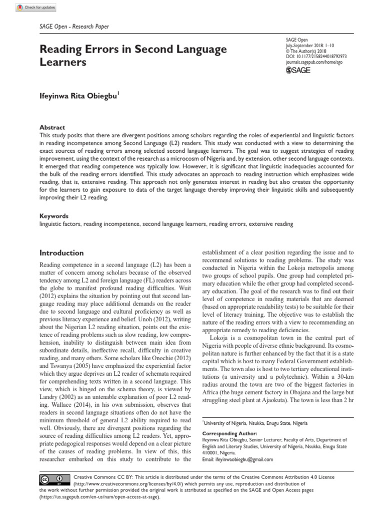 Reading Errors in Second Language Learners | PDF