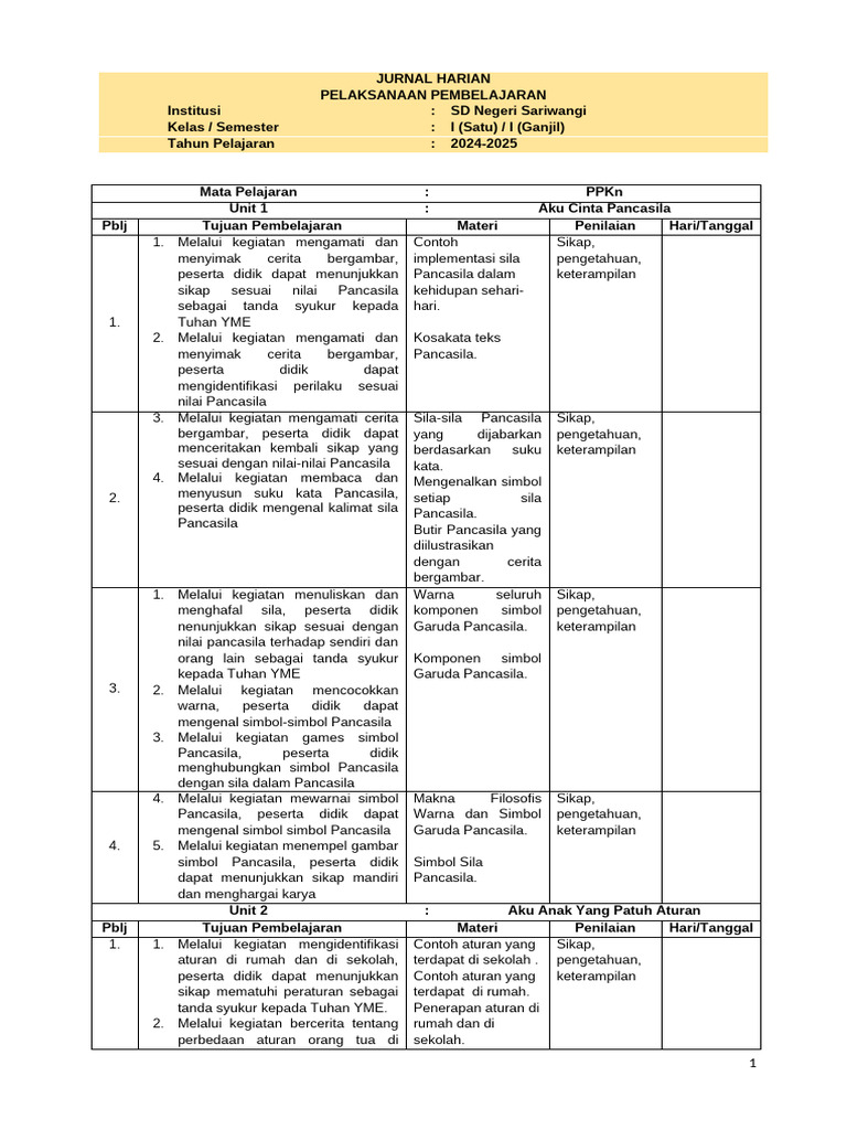 Jurnal Harian Kelas 1 Kumer Ganjil | PDF