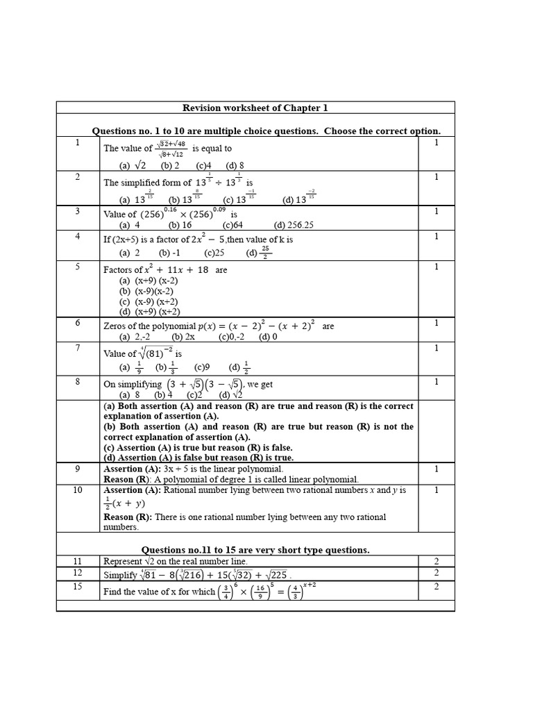Gr9th_Math_Revision worksheet_Chp.1 | PDF