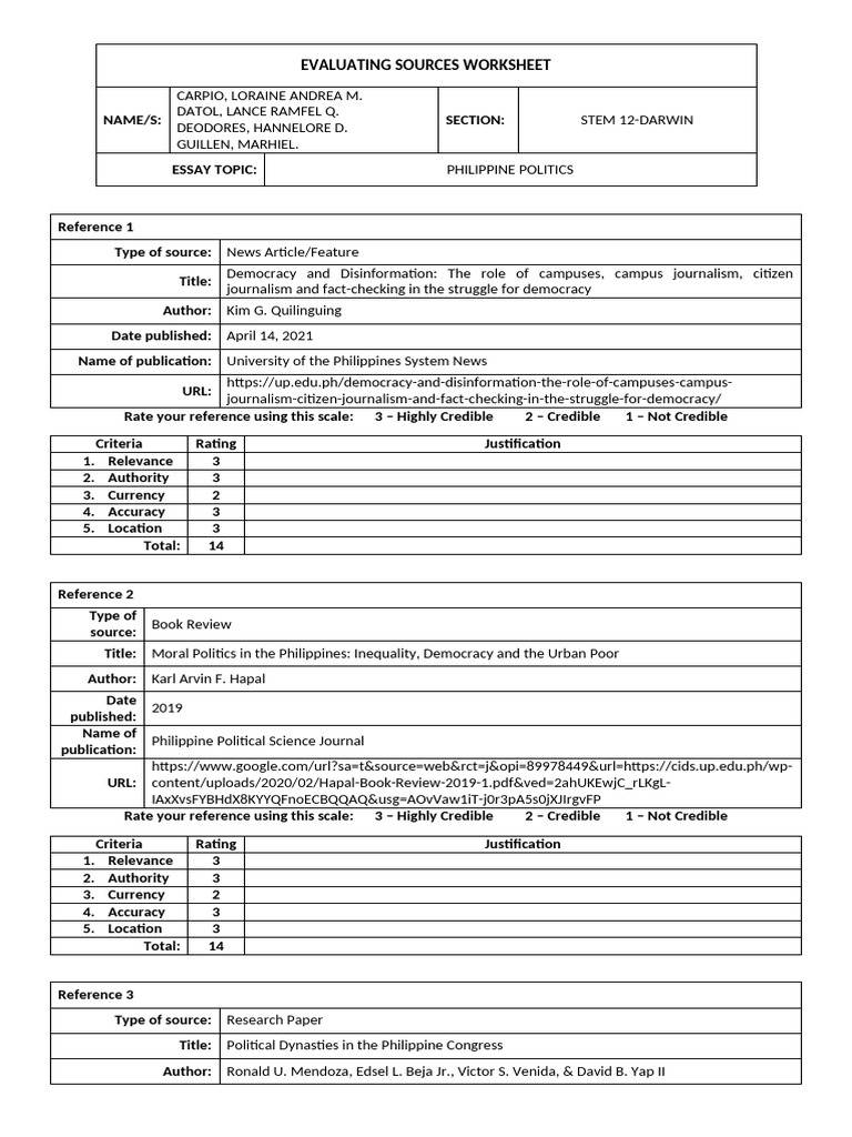 Evaluating Sources Worksheet Group Lance | PDF