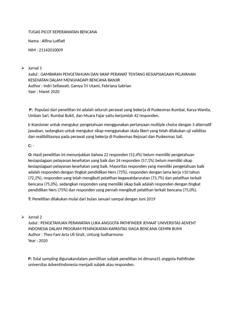 Alfina - PICOT Kep - Bencana | PDF