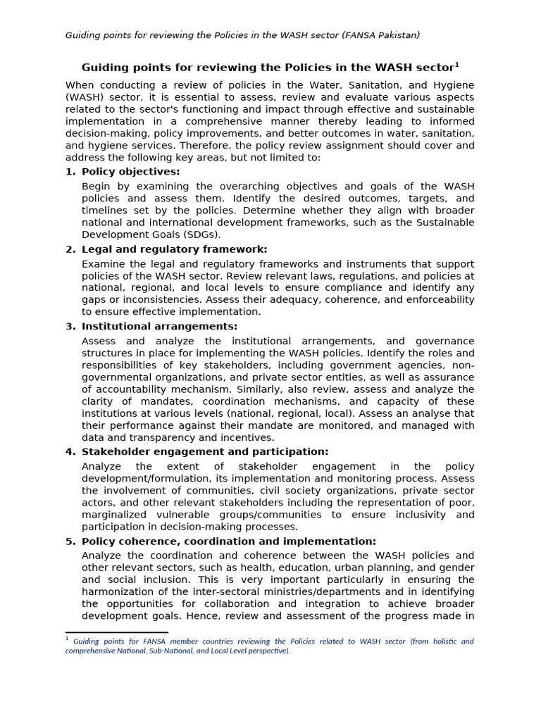 Annex-B Guiding Points For Reivewing WASH Policies | PDF