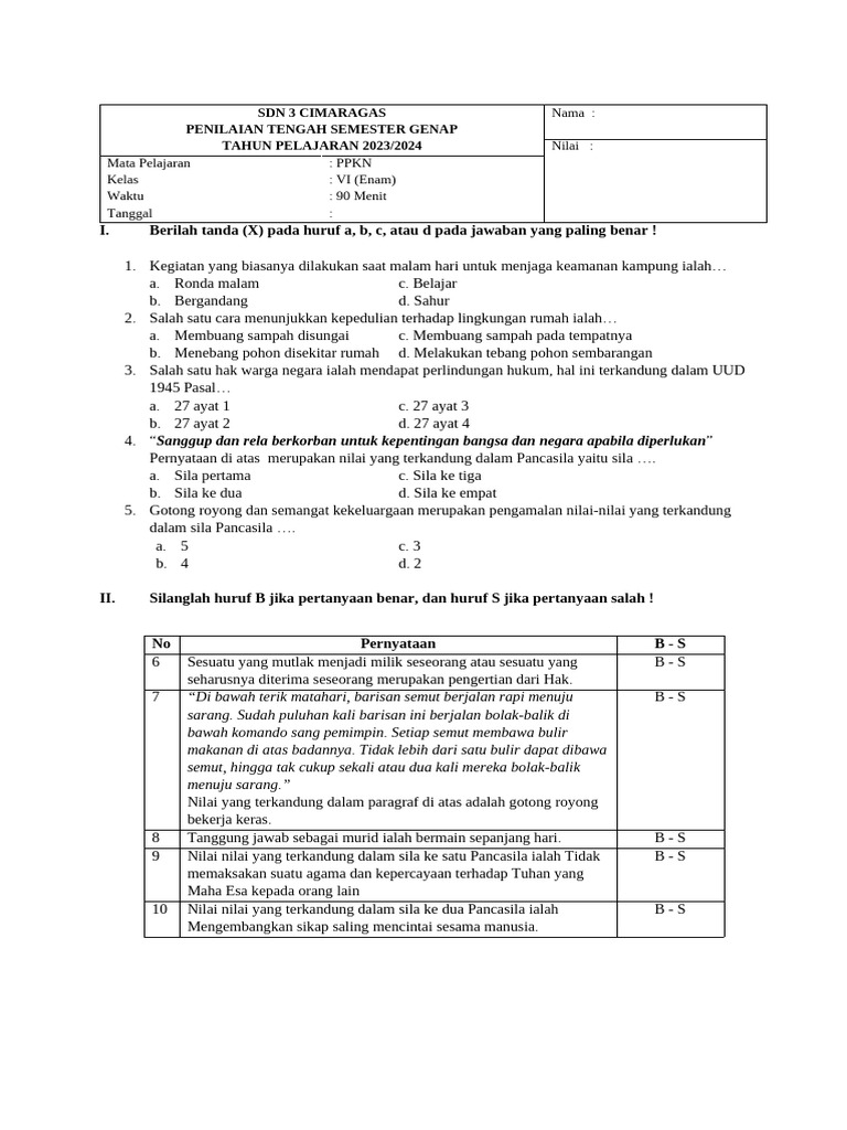 Soal Pts Kls 6 Semester 2 2023 2024 | PDF