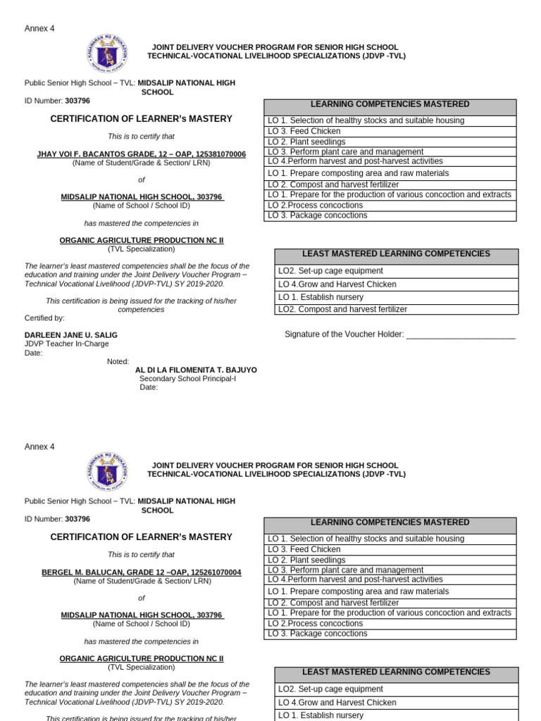 Annex 4 JDVP Certificate of Learners Mastery | PDF