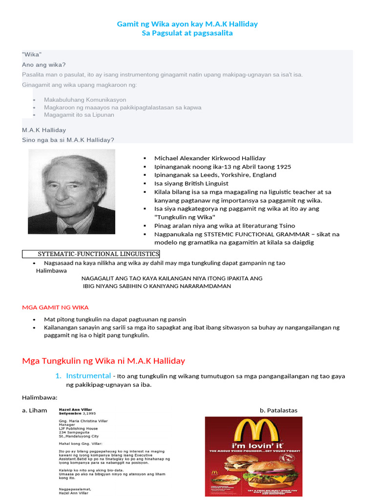 Gamit NG Wika Ayon Kay M. A. K. Halliday | PDF