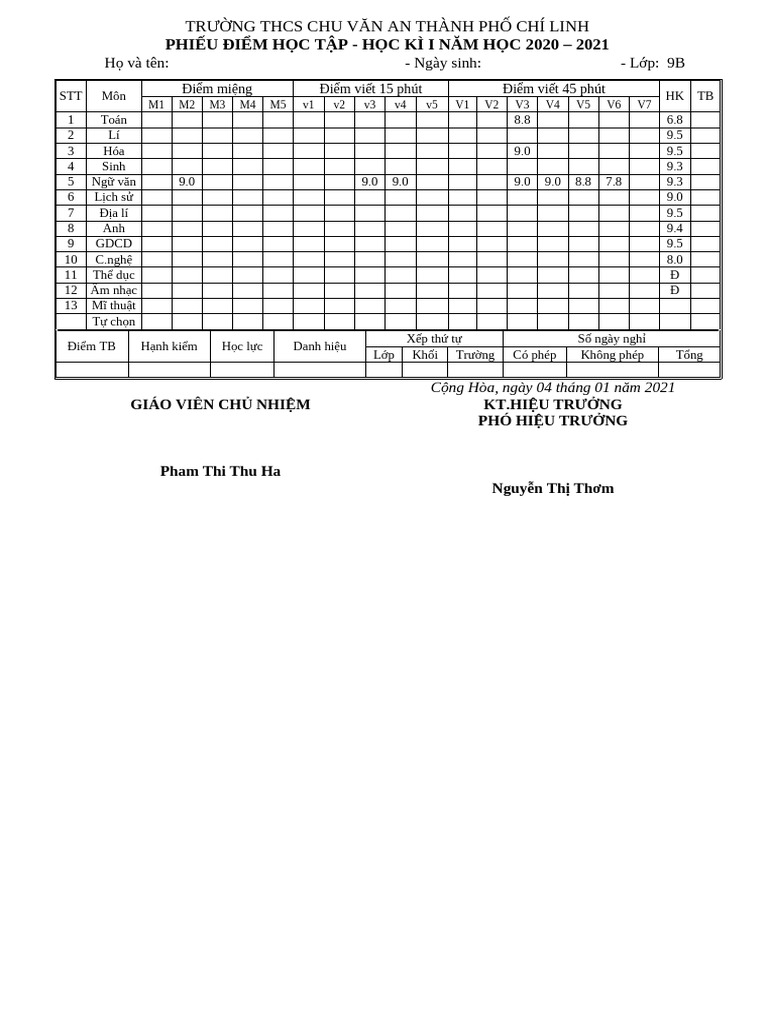 Mau Phieu Diem | PDF