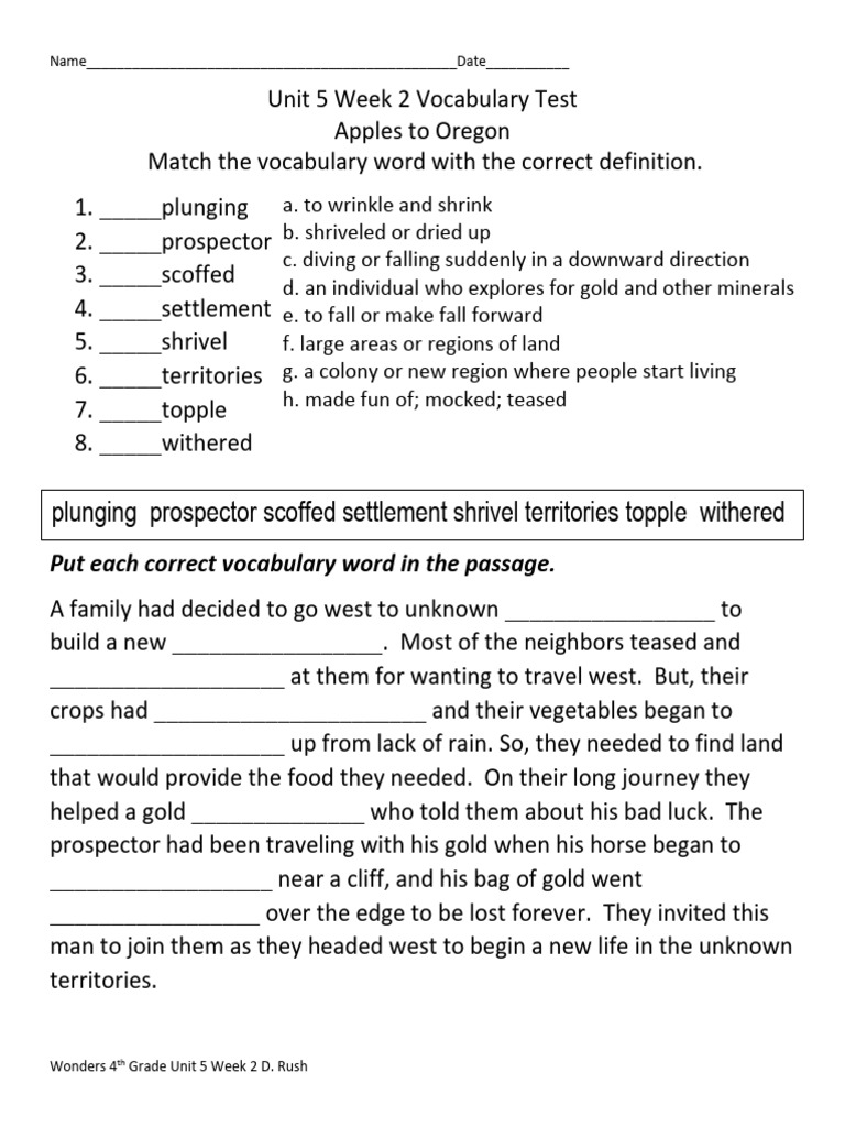 4th Grade Week Unit 5 Week 2 Vocabulary-Revised11262017 | PDF