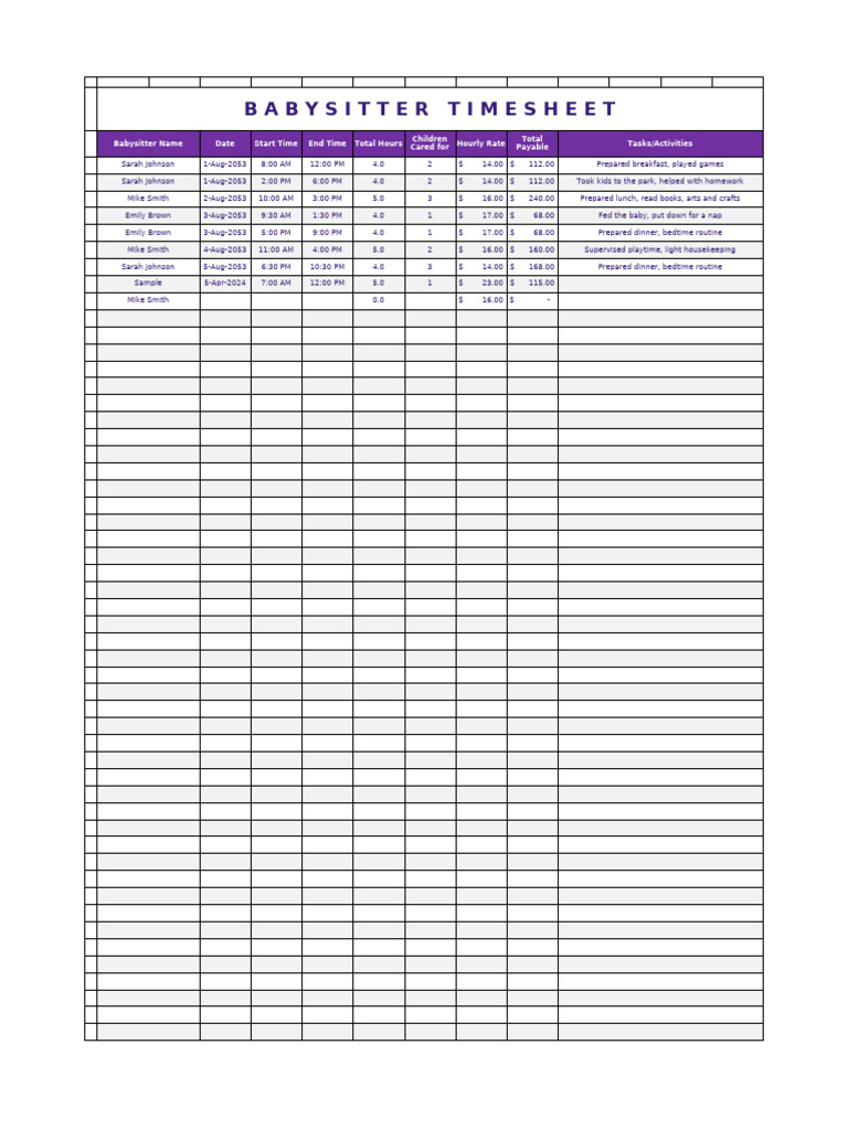 Babysitter Timesheet Template | PDF