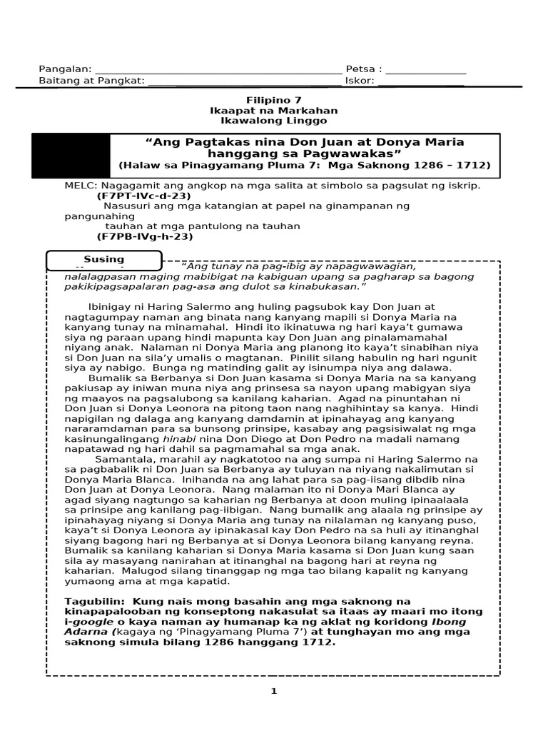 Filipino 7 Q4 Week 8 - Ang Pagtakas Nina Don Juan at Donya Maria Hanggang Sa Pagwawakas | PDF