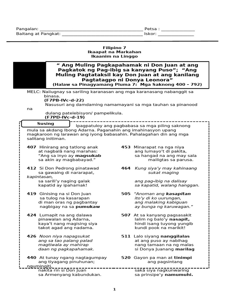 Filipino 7 Q4 Week 6 - Ang Muling Pagkapahamak Ni Don Juan at Ang Pagkatok NG Pag Ibig Sa ...