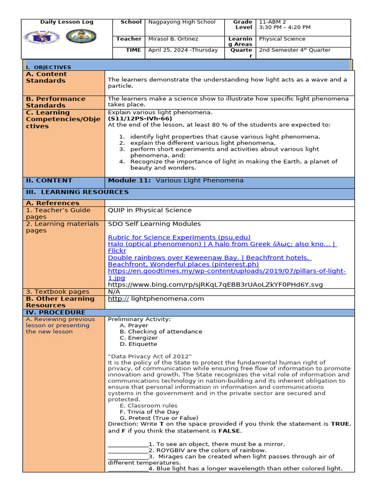DLL 4th - Light Phenomena | PDF