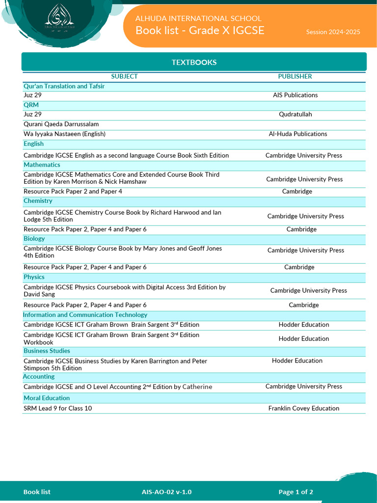 IGCSE Grade 10 Book List 2024-2025 | PDF