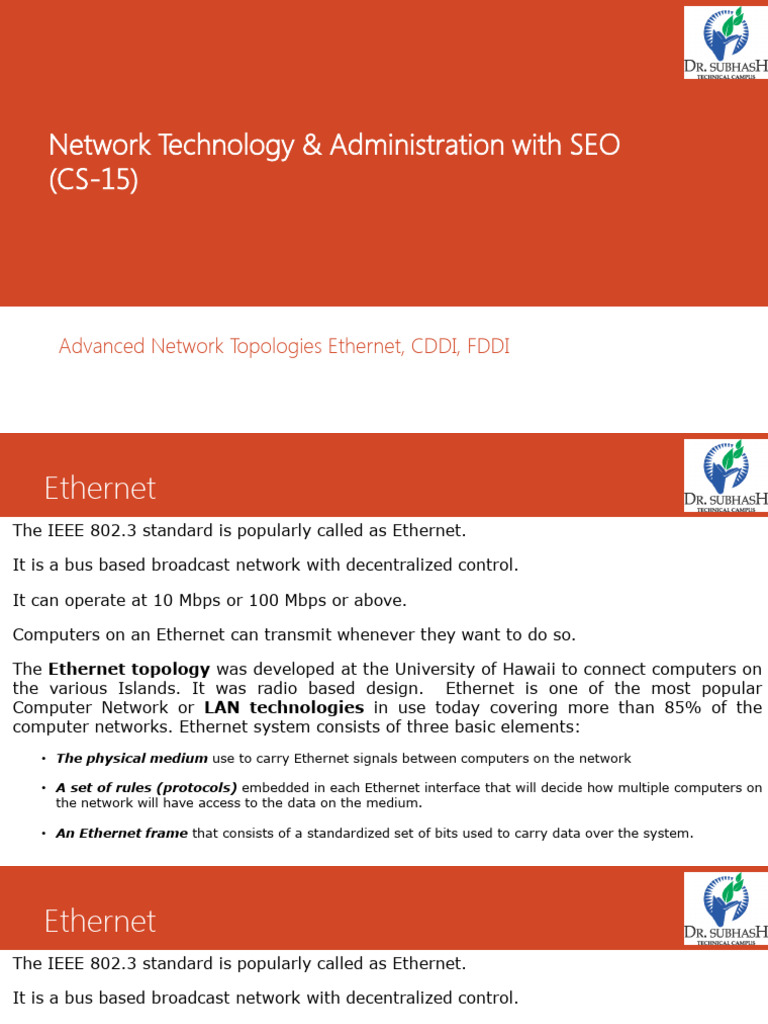 Advanced Network Topologies Ethernet, CDDI, FDDI | PDF