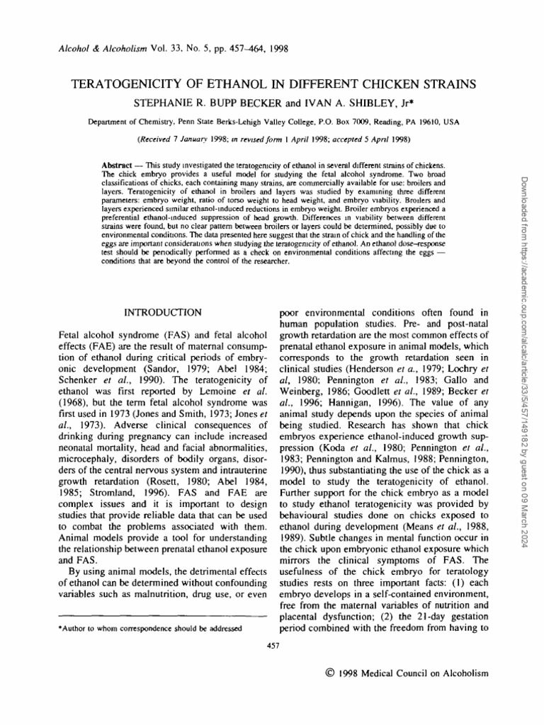 Teratogemcity of Ethanol in Different Chicken Strains | PDF