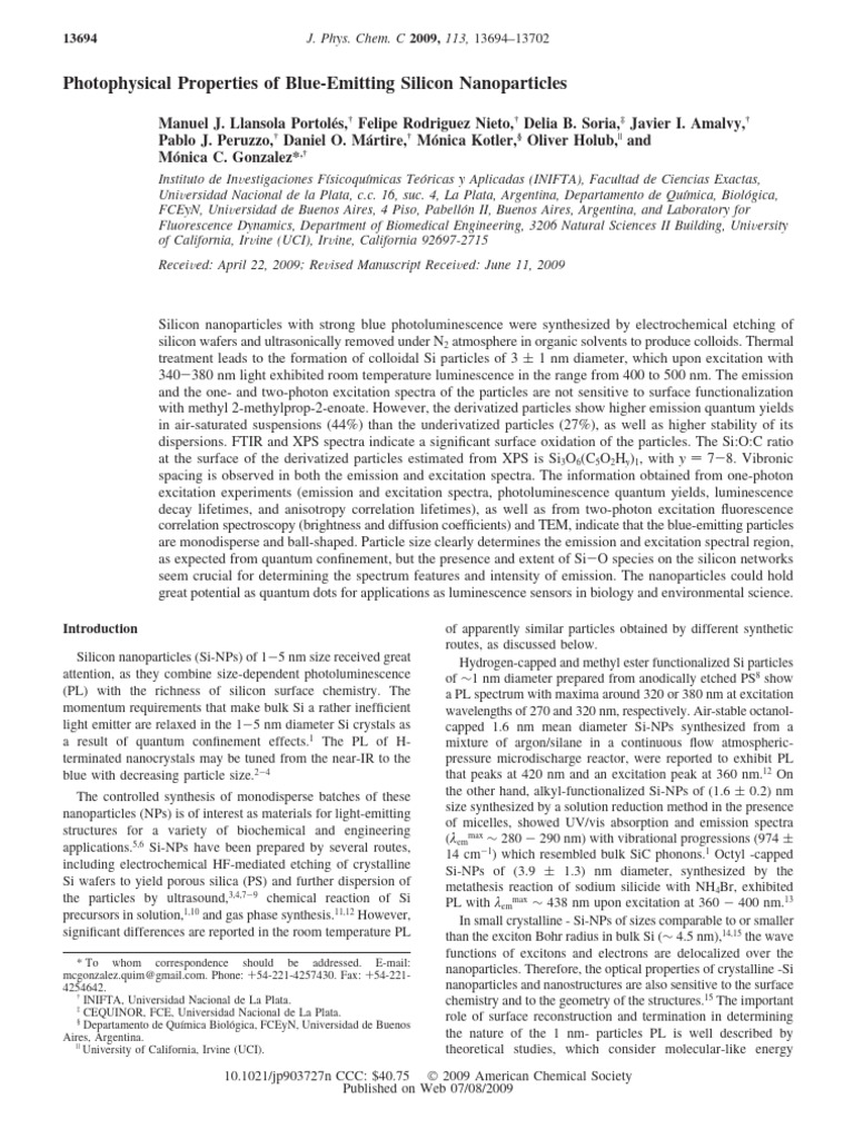 Photophysical Properties of Blue-Emitting Silicon Nanoparticles | PDF ...