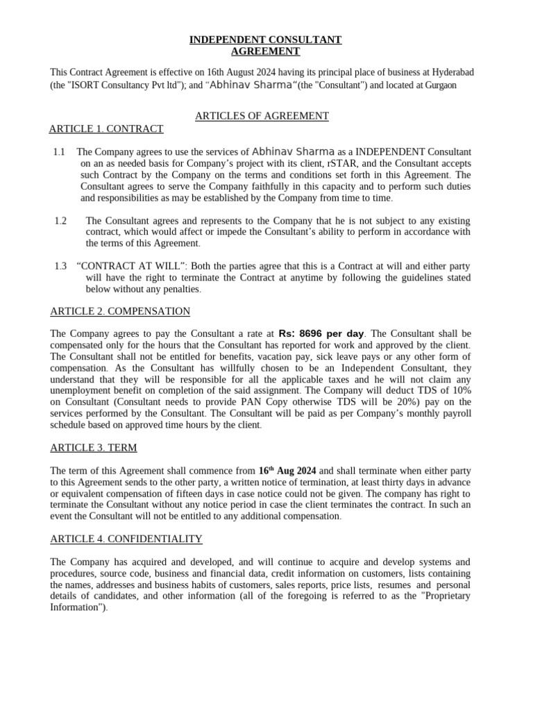 INDEPENDENT CONSULTANT AGREEMENT-Abhinav Sharma | PDF