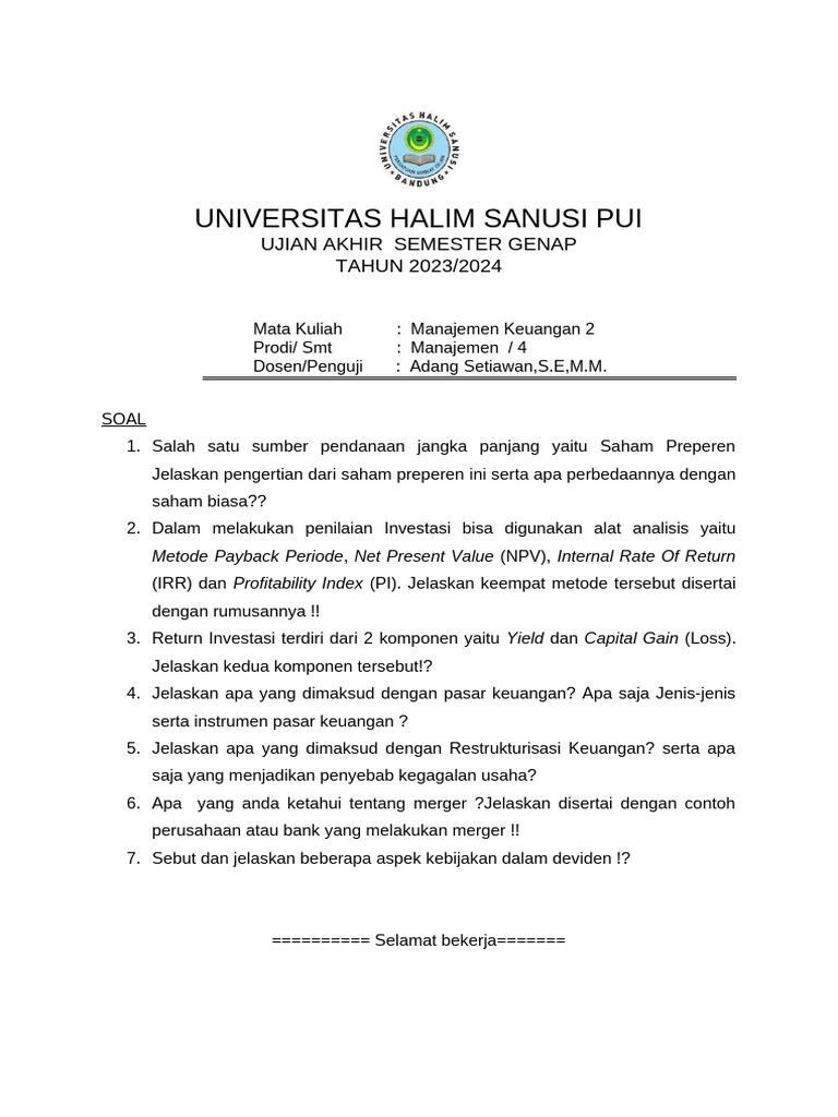 Soal UAS 2024 Manajemen Keuangan 2 | PDF