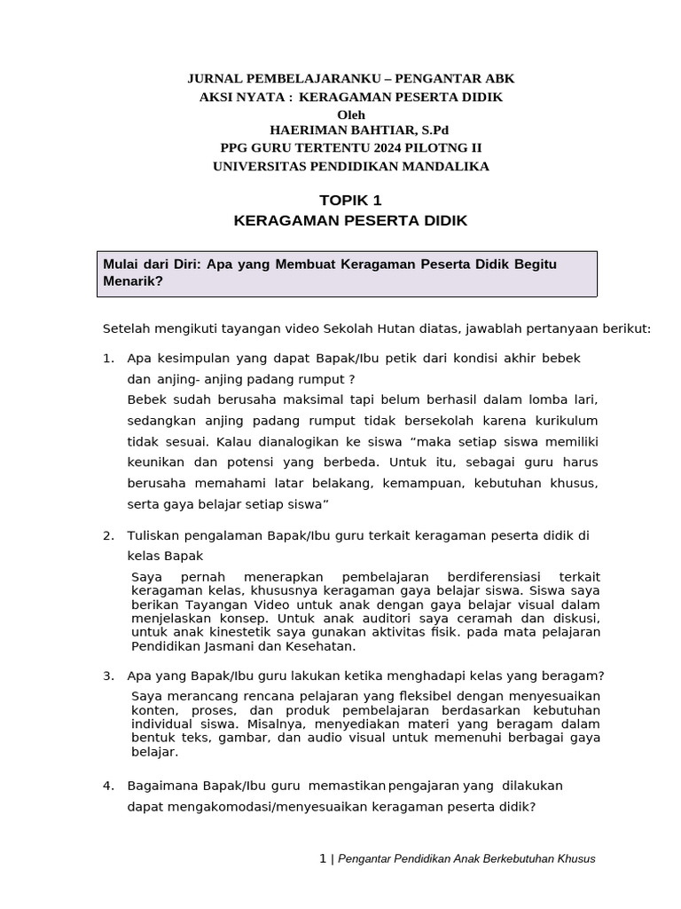 Jurnal Pembelajaran 3 (Modul PP ABK) - Keberagaman LOLOS VALIDASI | PDF
