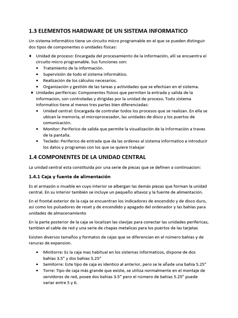 ELEMENTOS HARDWARE DE UN SISTEMA INFORMATICO (1) | PDF