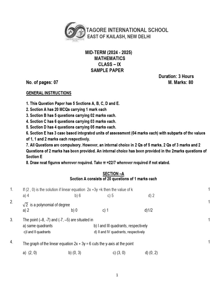 Class 9 Sample Paper | PDF