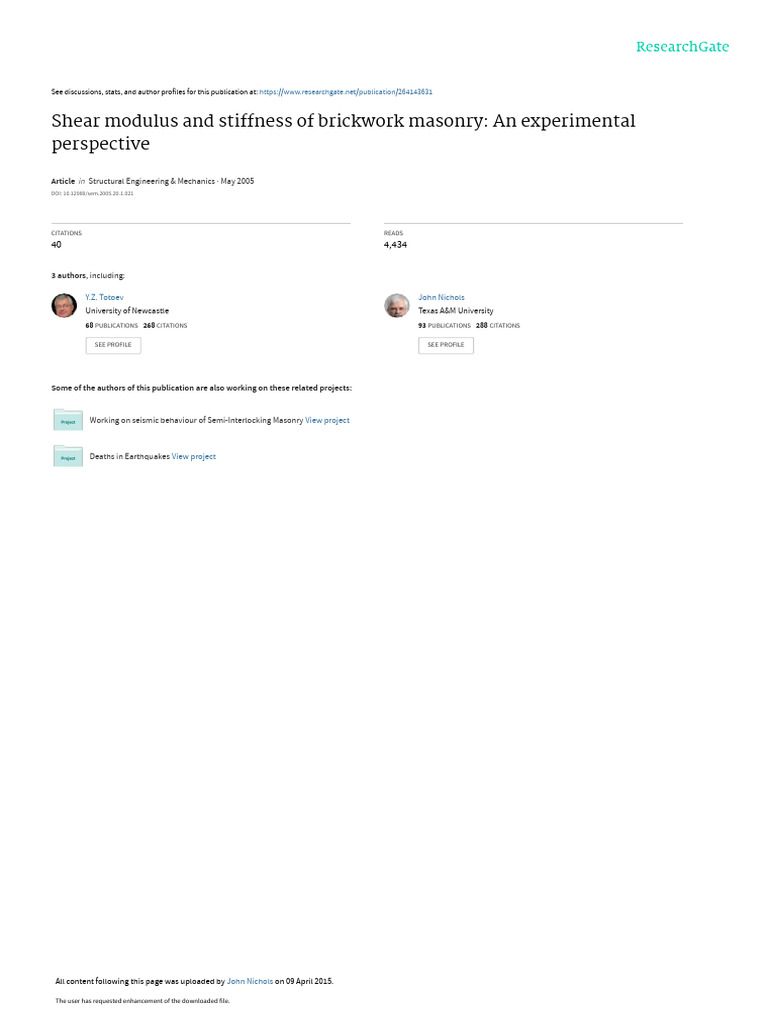 Nichols, Bosiljkov, Totoev - Shear Modulus and Stiffness of Brickwork Masonry An Experimental ...