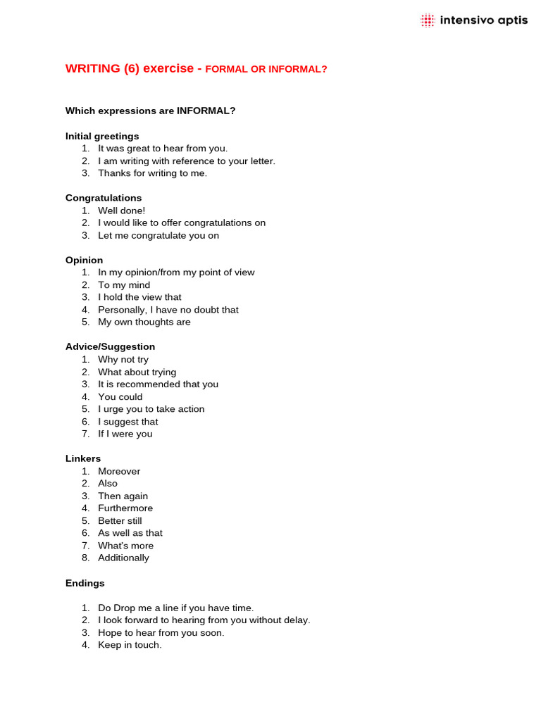 WRITING (6) Exercise Formal or Informal | PDF