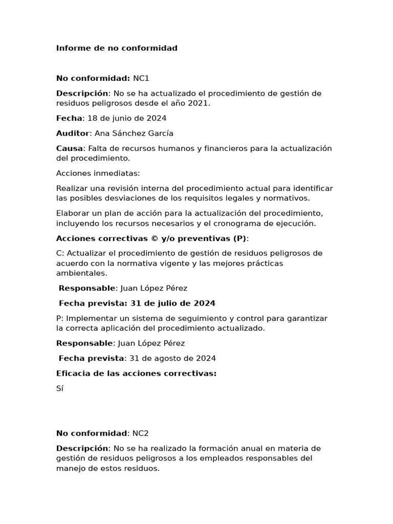 Informe de No Conformidad | PDF