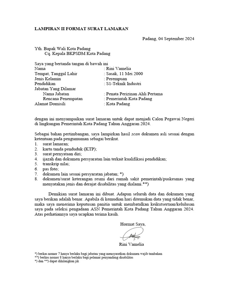 Lampiran II Format Surat Lamaran Rini Vamelia | PDF
