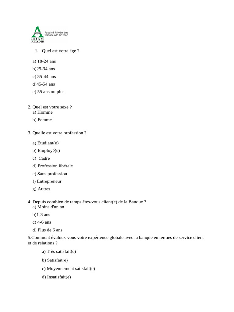 Questionnaire (1) AVEC CODIFICATION Corrigé | PDF
