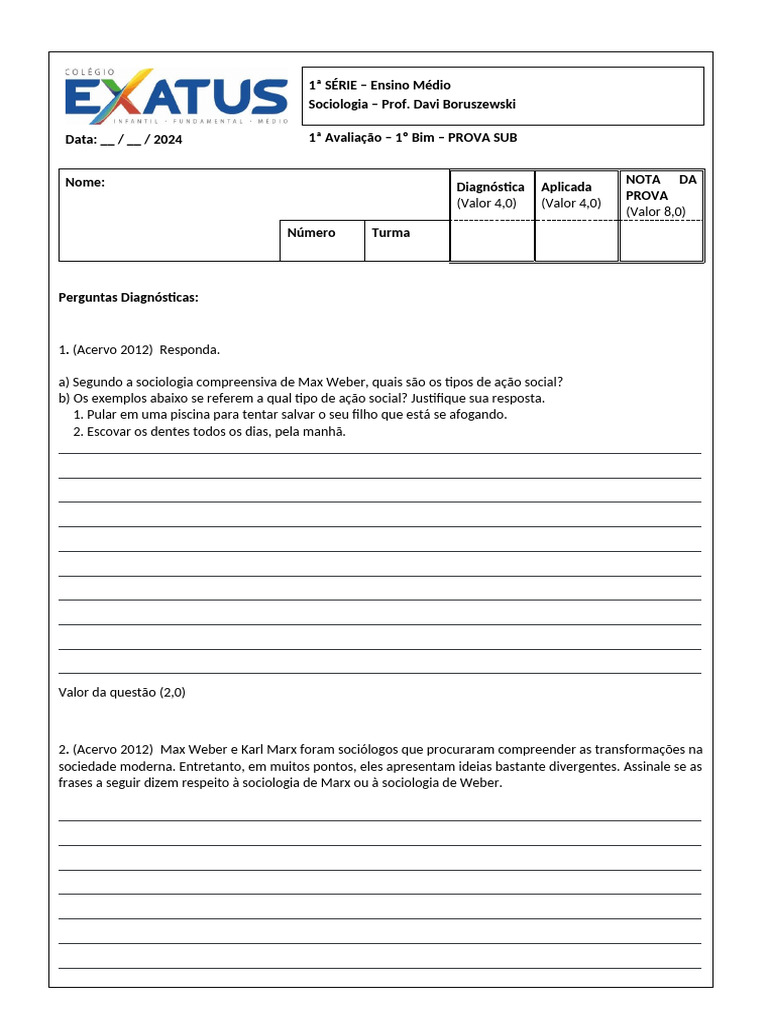 Prova 1o Colegial 1obimestre SUB | PDF