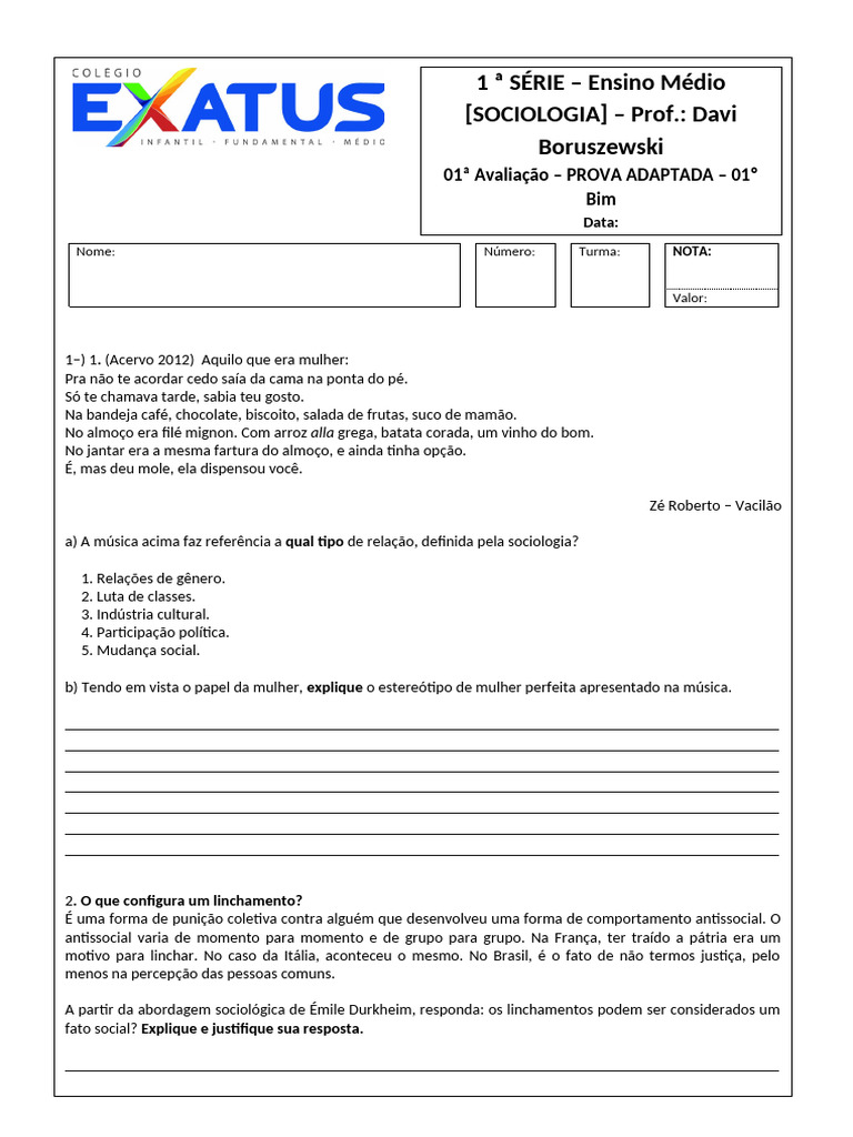 Prova 1o Colegial 1obimestre Adaptada | PDF