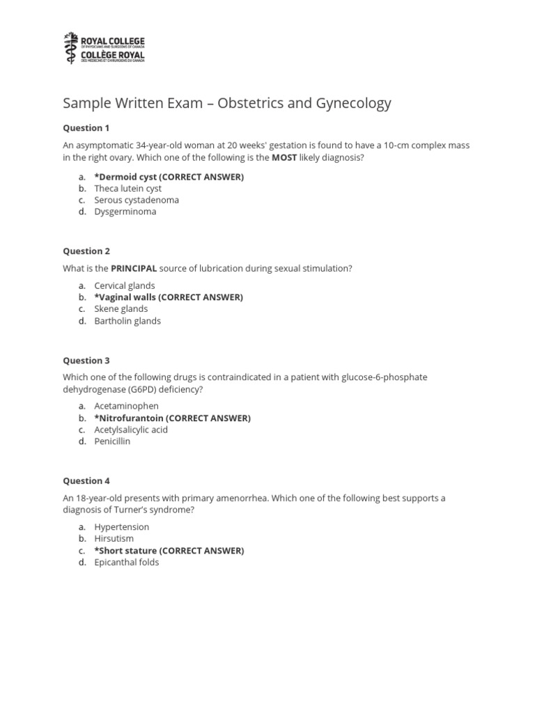 Obs Gyn Sample MCQ Exam e | PDF