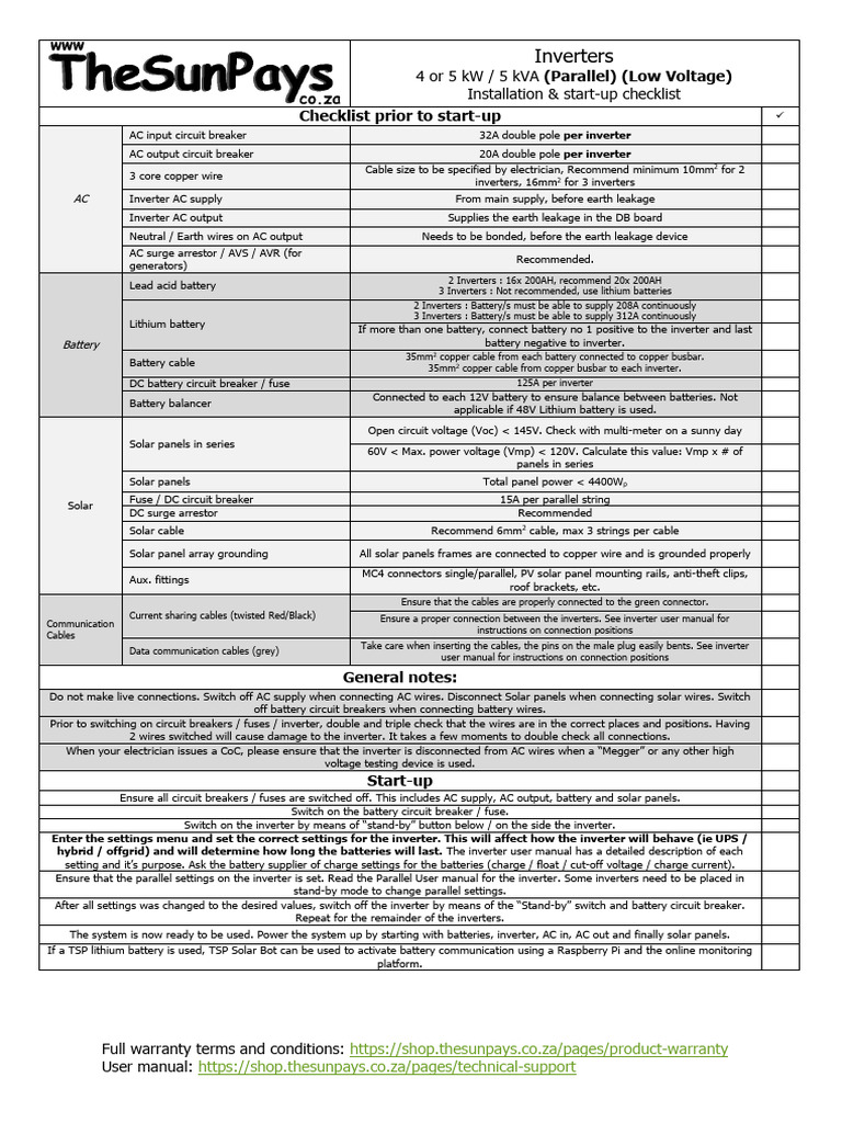 5kva Inverter Checklist - LV - Parallel | PDF