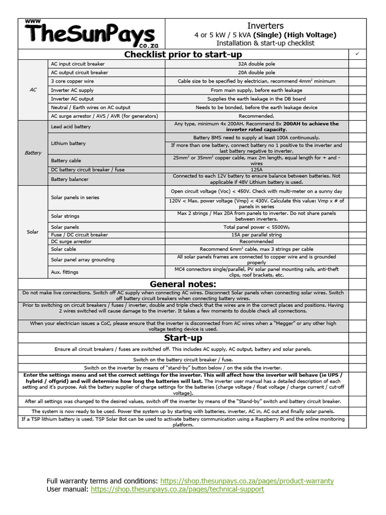 5kva Inverter Checklist - HV | PDF