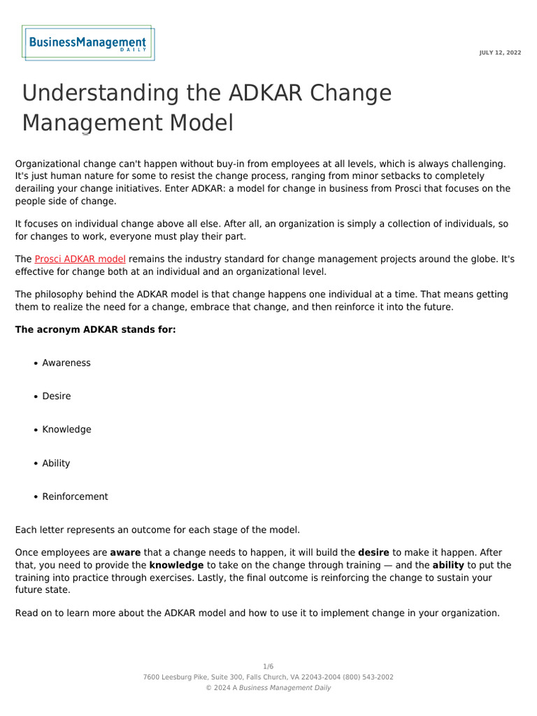 Understanding The Adkar Change Management Model 2022 07 12 | PDF