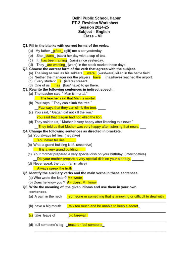 PT-2 Revision Worksheet Class 7 | PDF | Subject (Grammar) | Linguistic ...