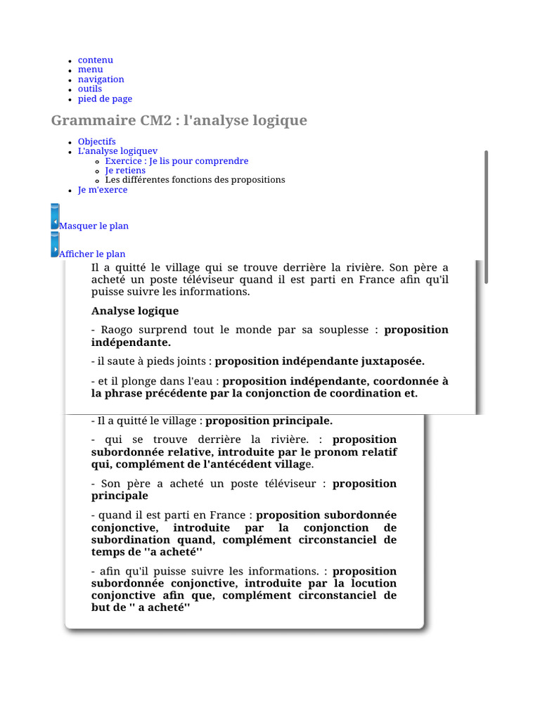 Grammaire CM2: L'analyse Logique: Contenu Menu Navigation Outils Pied de Page | PDF