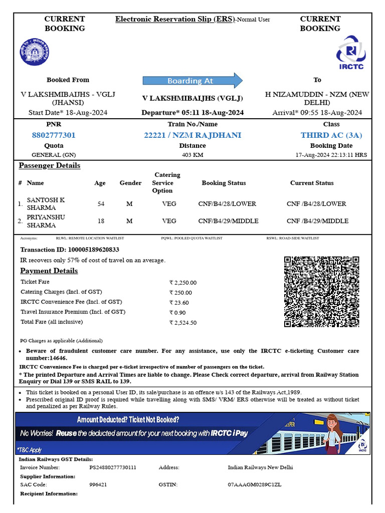 NZM Rajdhani Third Ac (3A) : Current Booking Electronic Reservation Slip (ERS) Current Booking | PDF