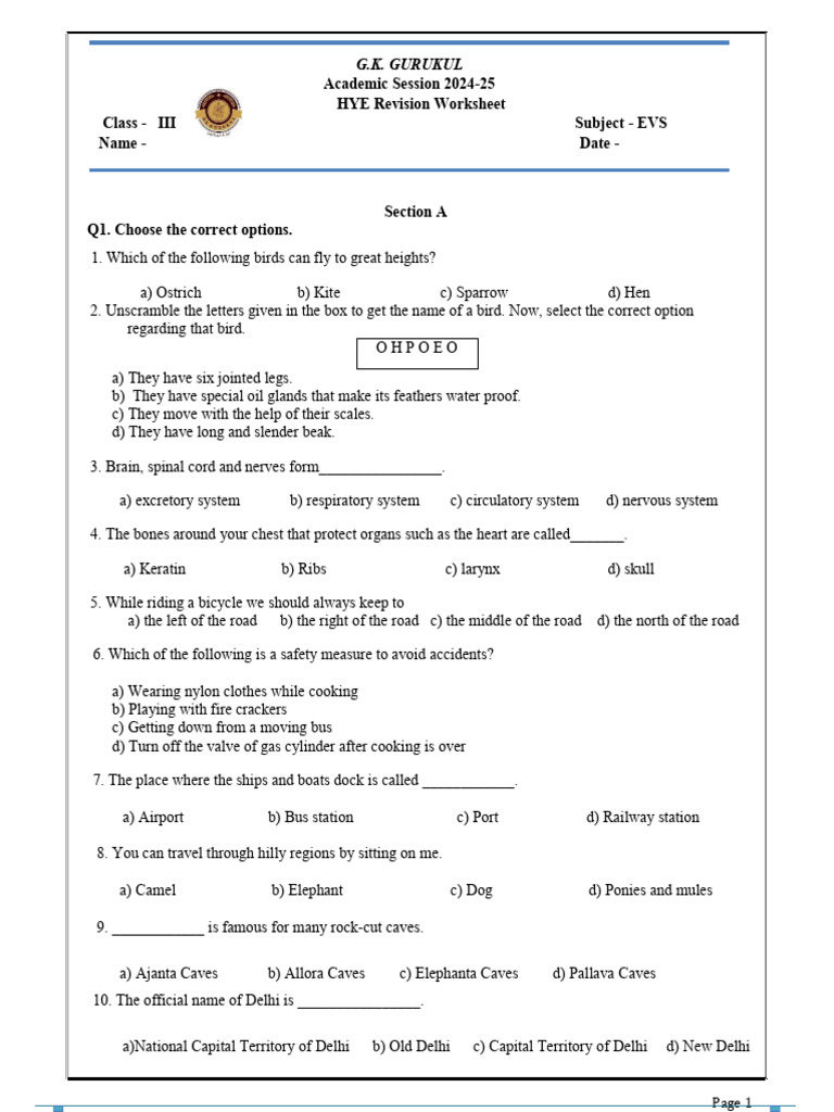 Grade3 EVS HYE Revision Worksheet | PDF