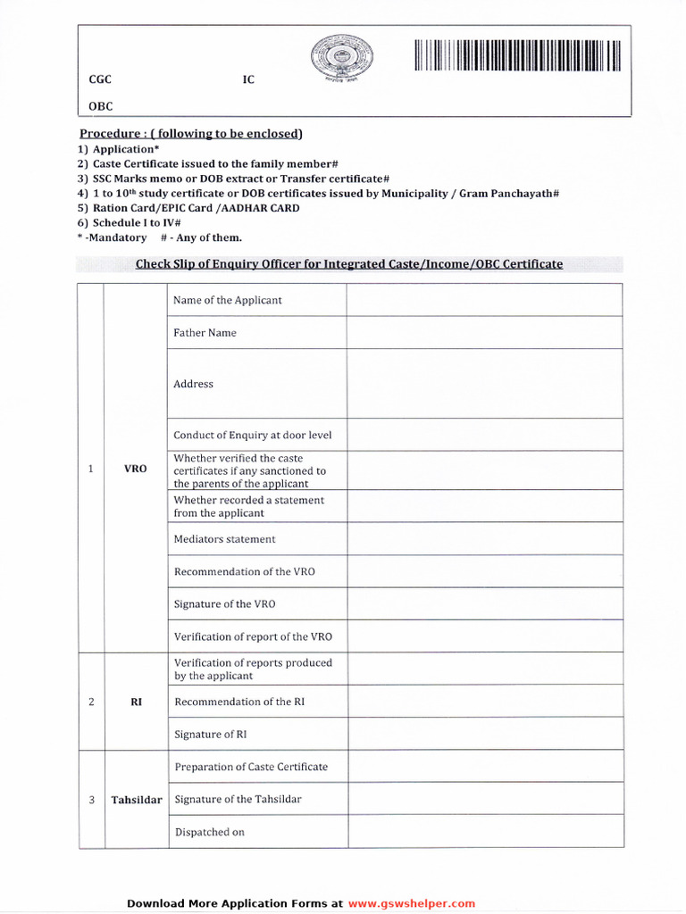 Caste Income OBC Check List | PDF