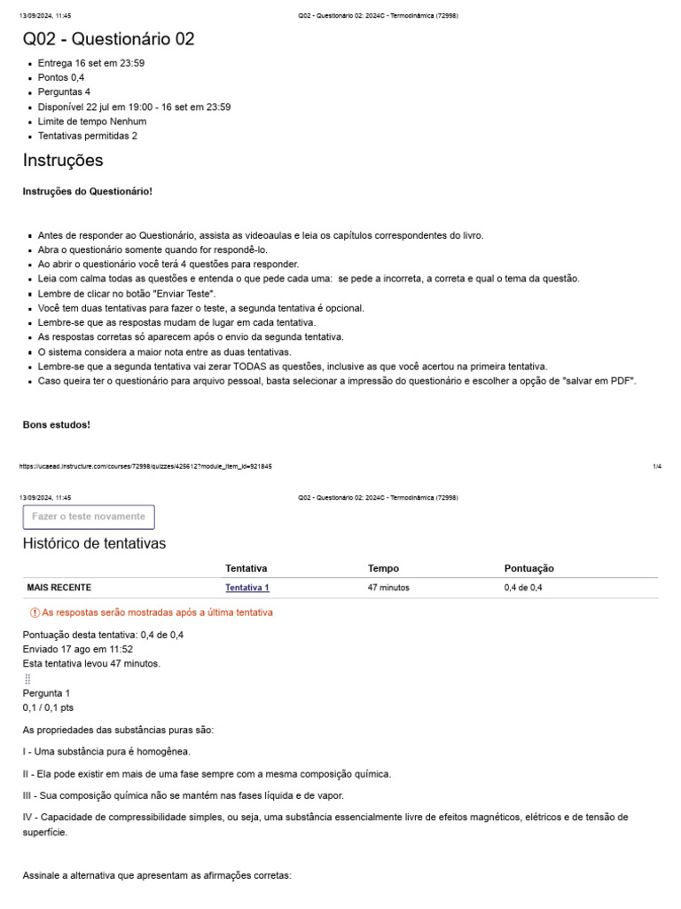 Q02 - Questionário 02 - 2024C - Termodinâmica (72998) | PDF