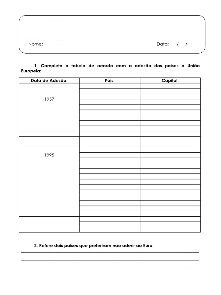 Ficha de Trabalho - A União Europeia | PDF