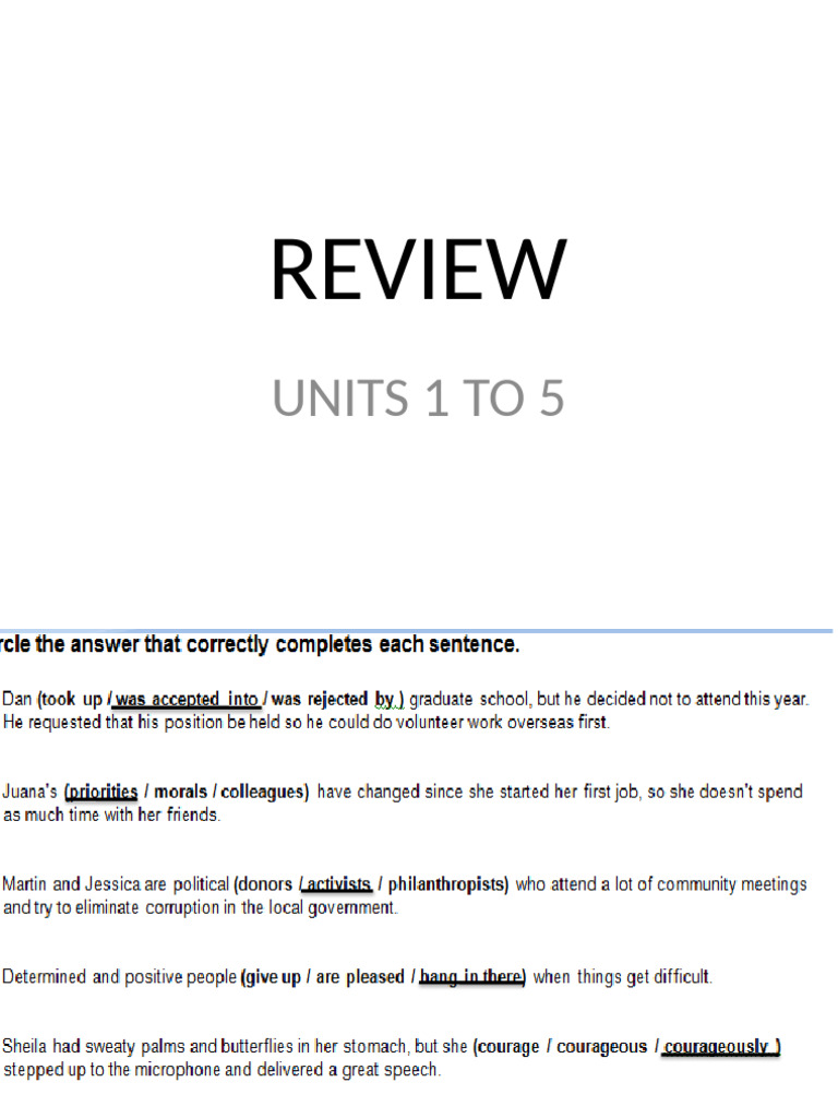 REVIEW UNITS 1 TO 5 Novo | PDF