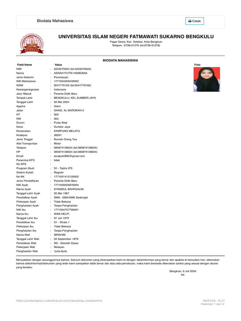 Biodata Mahasiswa Asrah | PDF