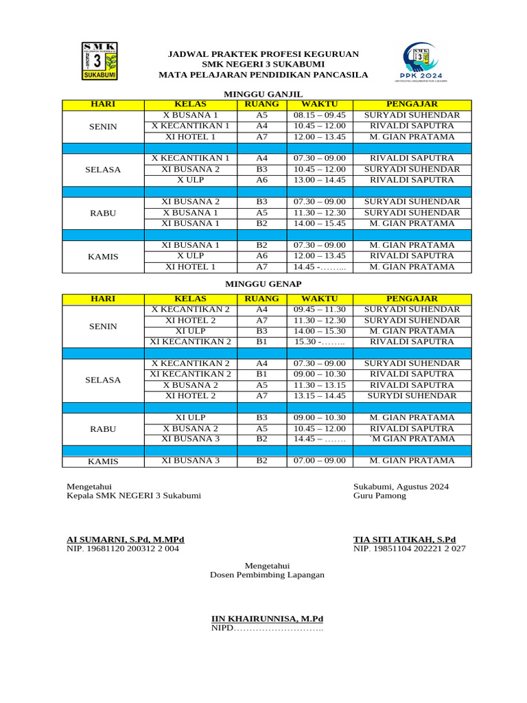 Jadwal Praktek Profesi Keguruan SMK Negeri 3 Sukabumi | PDF