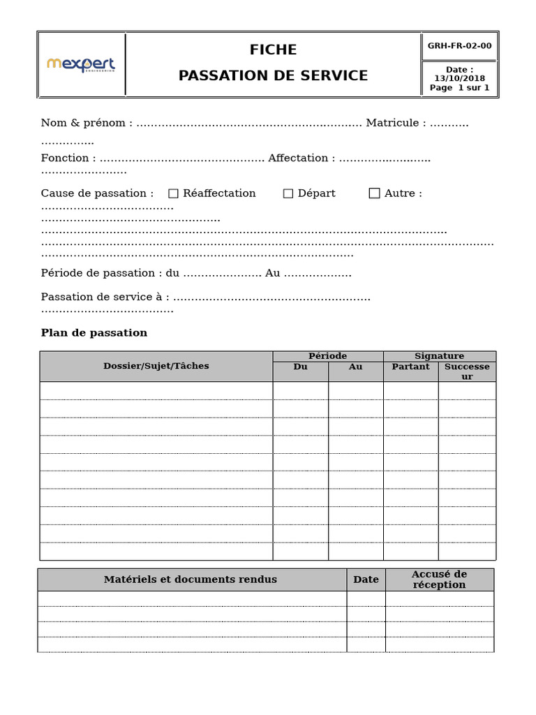 Grh-fr-02-00 Fiche Passation de Service | PDF